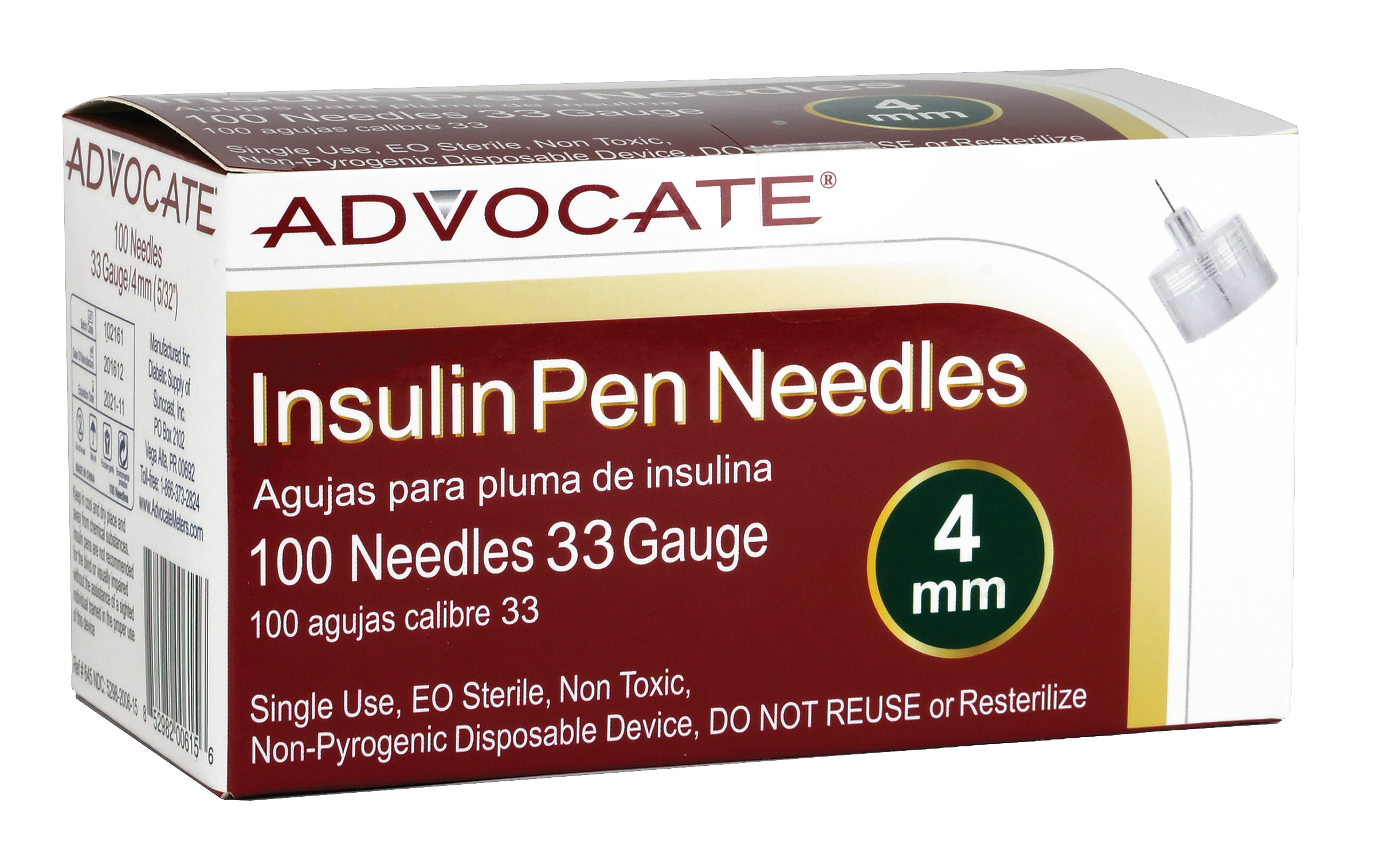 Advocate Mini Pen Needle - 33G 4mm 5/32"- BX 100- Case of 5 ...